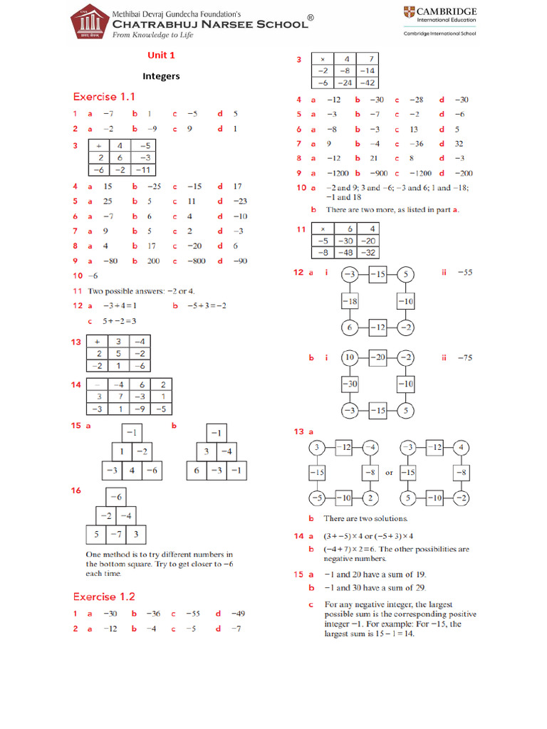 Unit 1 - Integers Workbook Answer Key | PDF