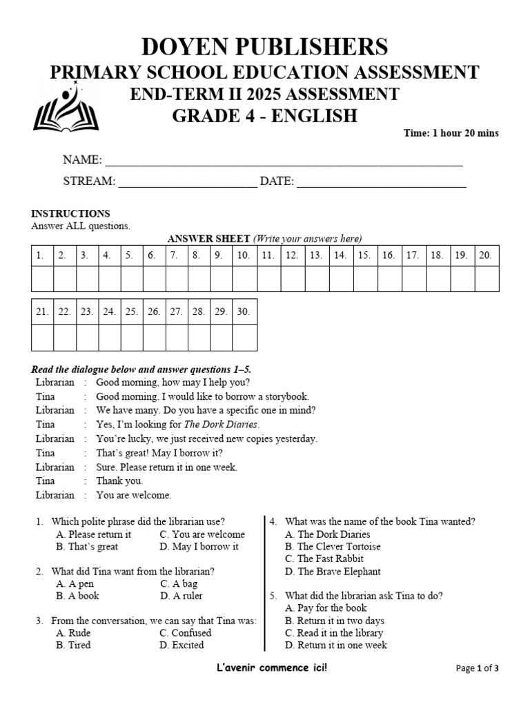 Grade 4 English End Term 2 2025 Assessment | PDF