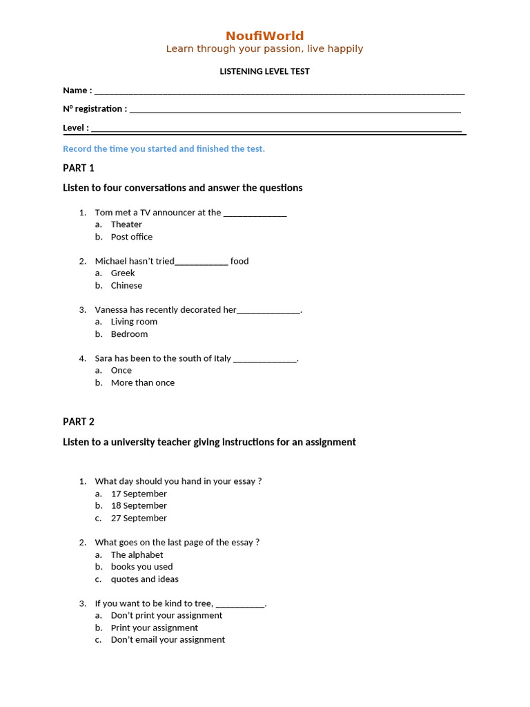 Listening Level Test Noufiworld-1 | PDF