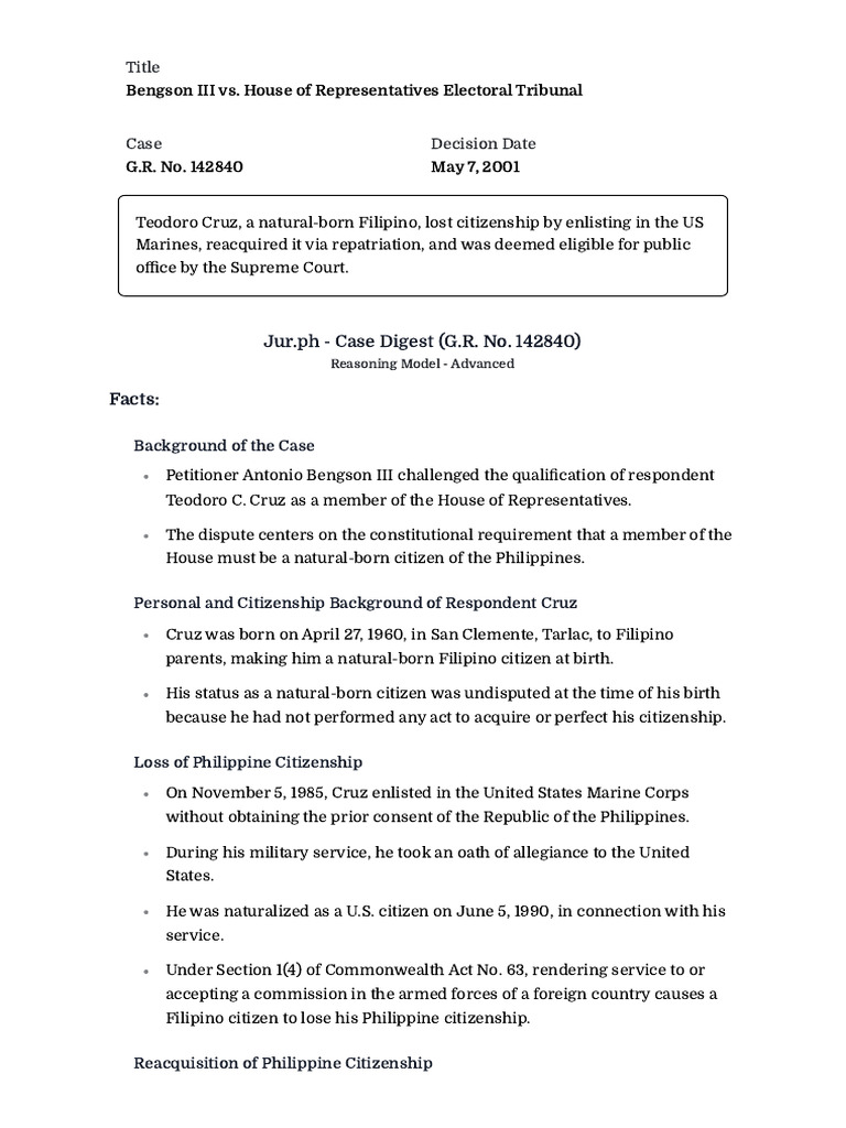 Case Digest - G.R. No. 142840 - Bengson III vs. House of Representatives Electoral Tribunal ...