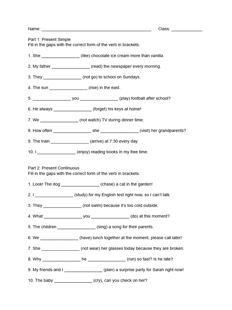 Present Tenses Worksheet | PDF