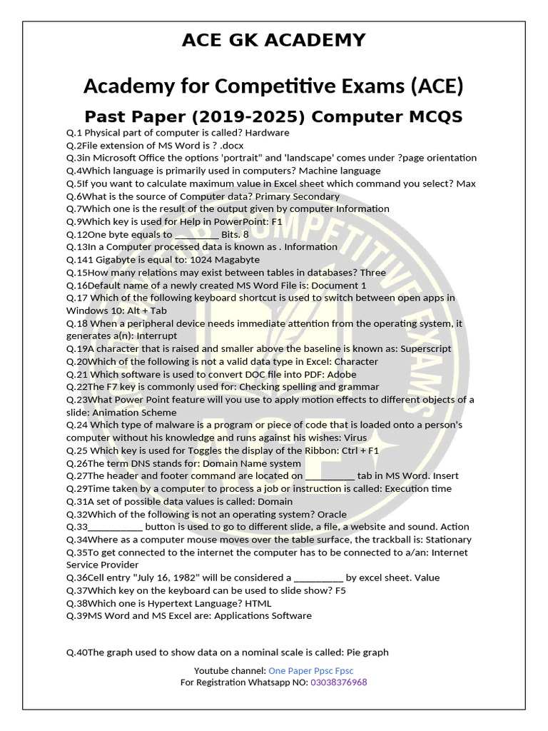Computer Basics MCQs for Exams | PDF | Microsoft Word | Microsoft Excel
