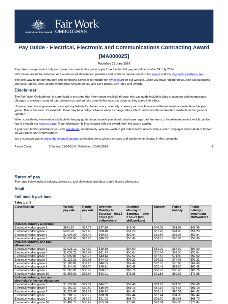 2024 Electrical Pay Rates Guide | PDF | Overtime | Wage