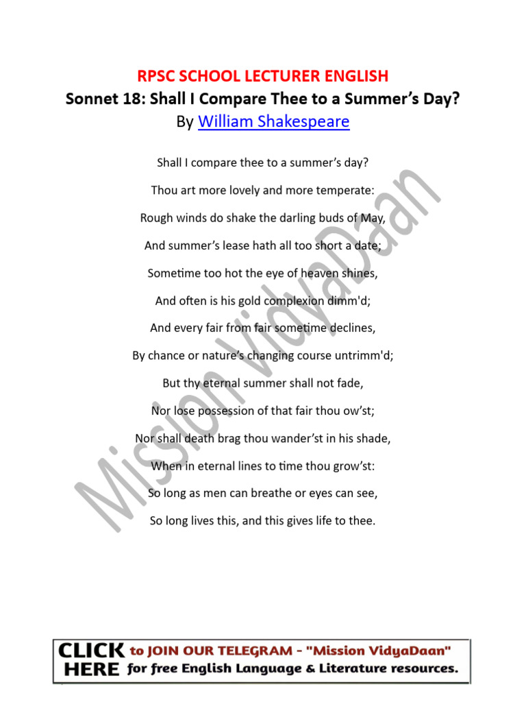 RPSC English Sonnet 18 Analysis | PDF
