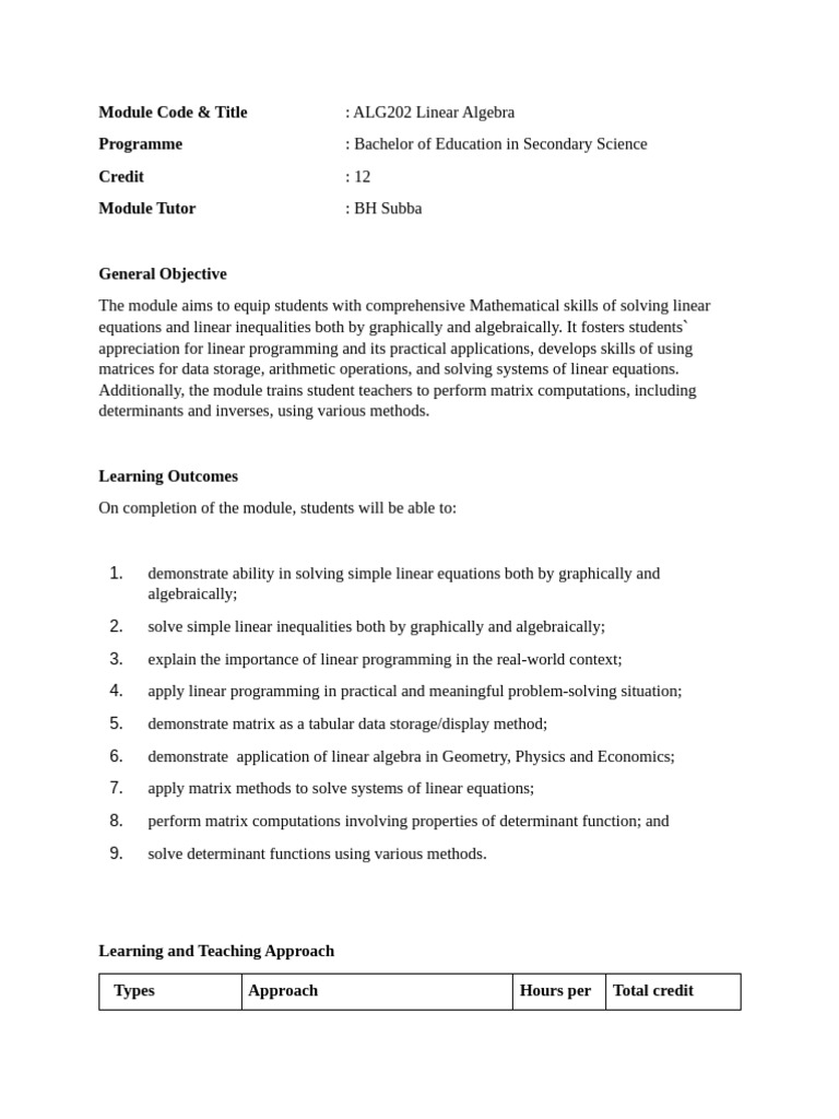 ALG 202, Linear Algebra (New) | PDF | Matrix (Mathematics) | Determinant