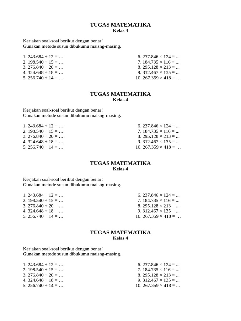 Tugas Matematika Kelas 4 Perkalian Pembagian Ratusribuan | PDF