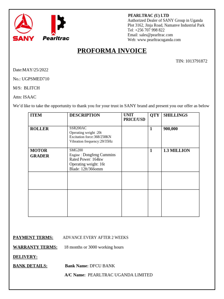 SANY Equipment Proforma Invoice Uganda | PDF