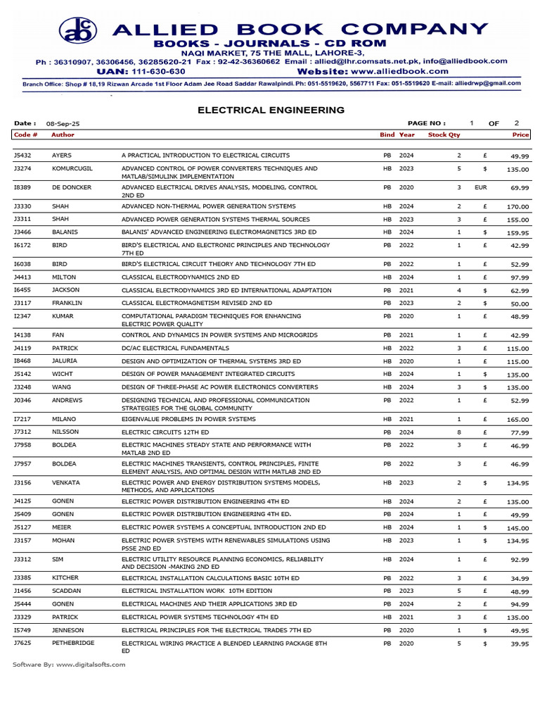 Electrical Engineering Textbooks List | PDF | Electric Power ...