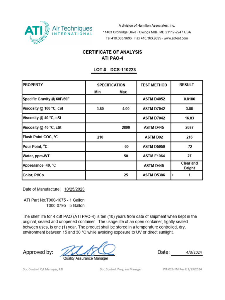 Certificate of Analysis Pao DCS-110223 | PDF | Thermodynamic Properties ...