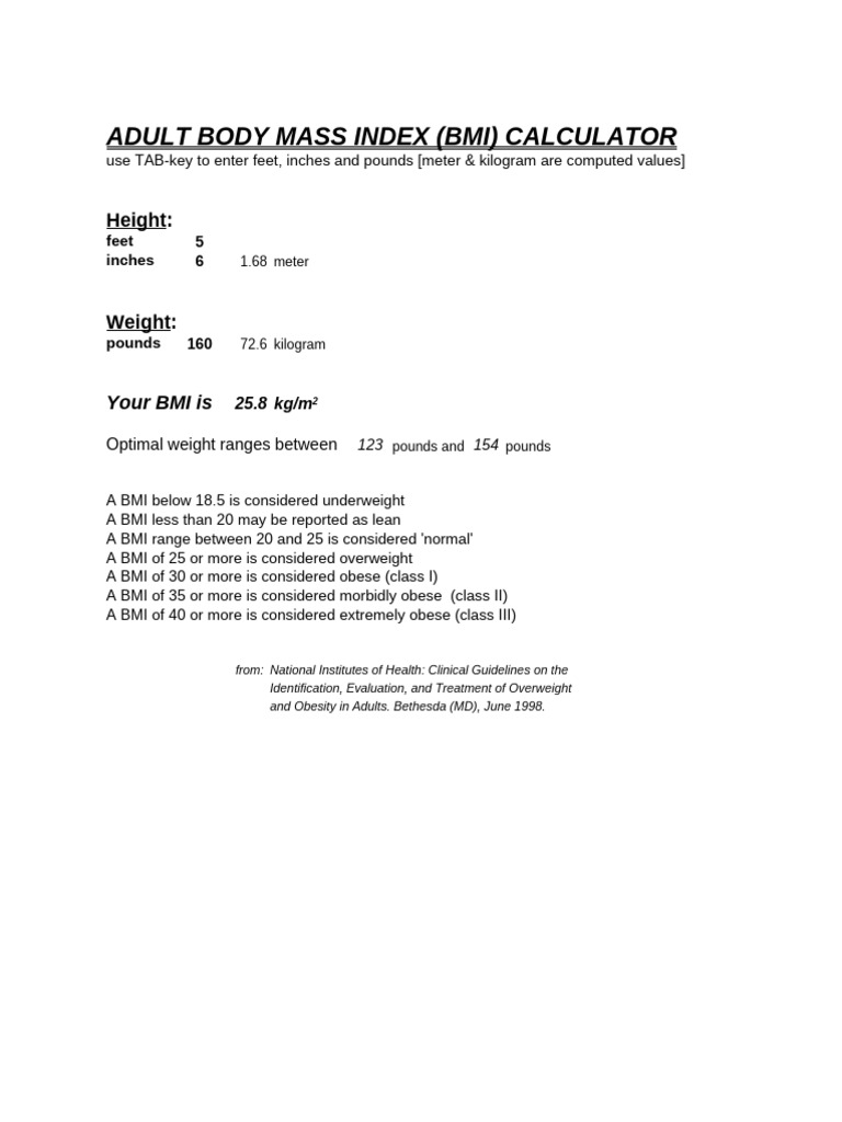 Excel Format BMI Chart Template Free Download | PDF | Body Mass Index ...