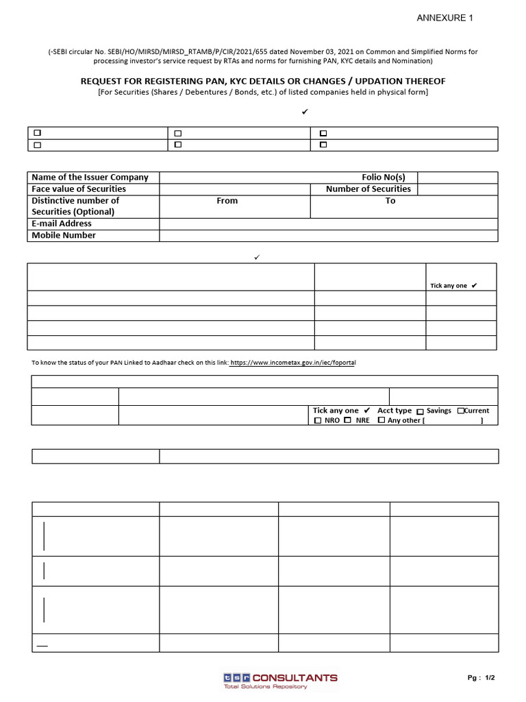 SEBI Form ISR-1: PAN & KYC Update Request | PDF | Securities (Finance)