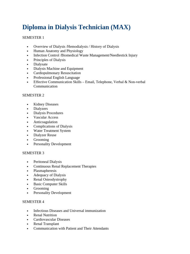 Diploma in Dialysis Technician 2 | PDF