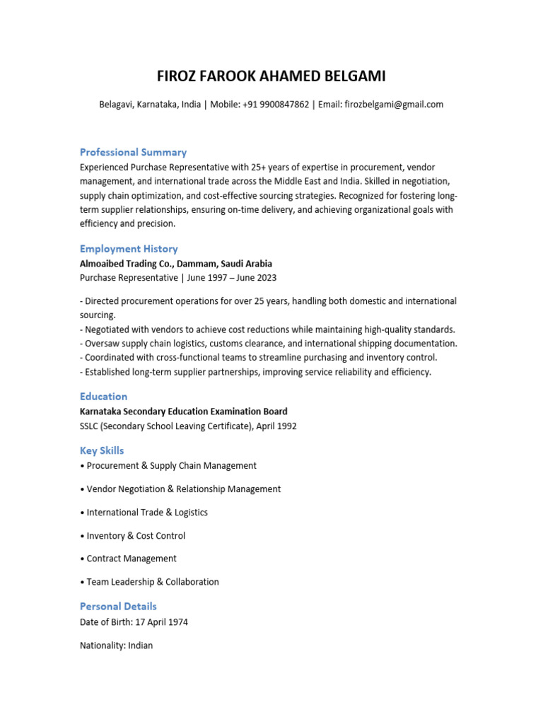 Firoz Farook Ahamed Belgami Resume | PDF