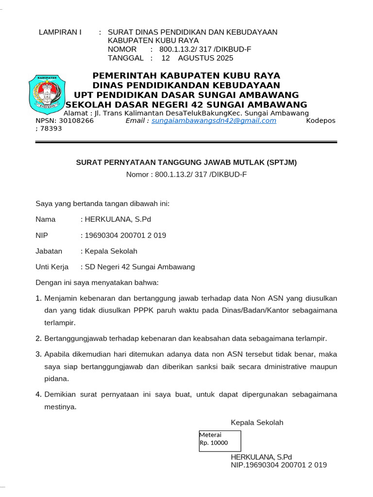 Lampiran SPTJM, Surat Pernyataan Dan Data Usulan | PDF