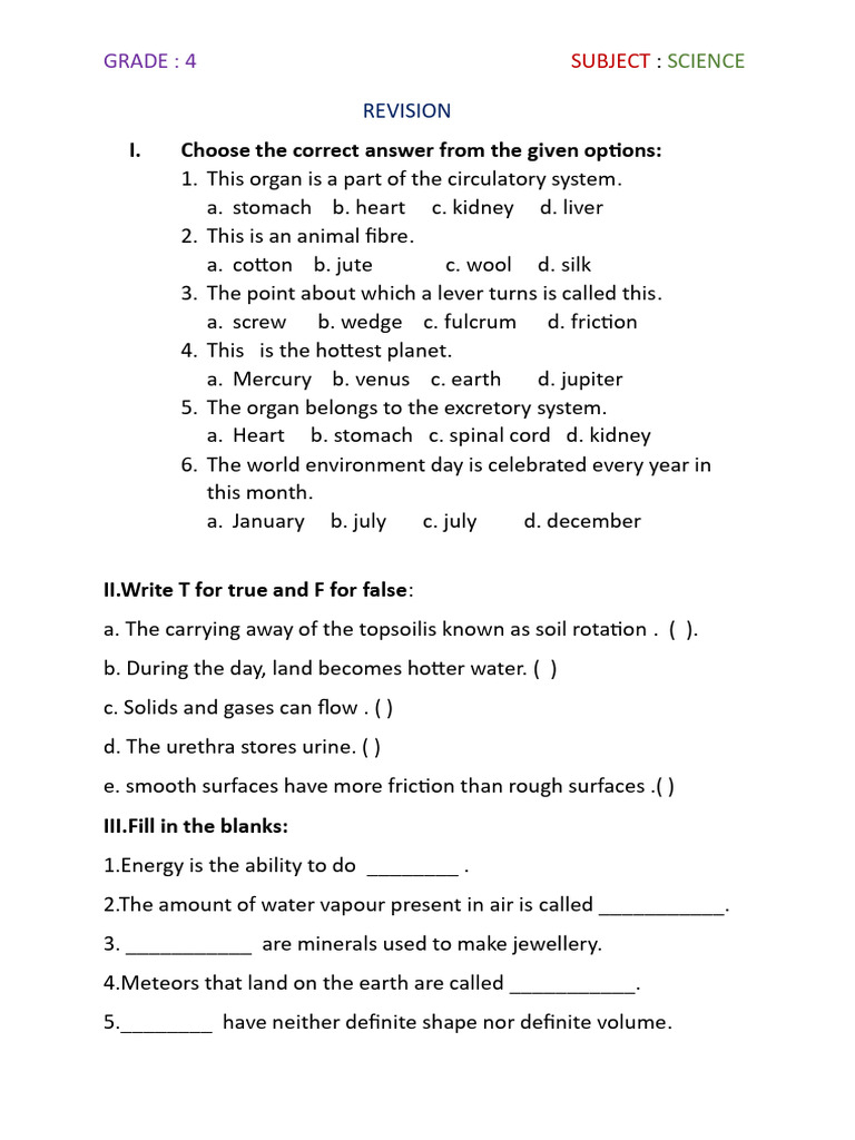 Grade 4 Science Revision Questions | PDF | Earth | Water