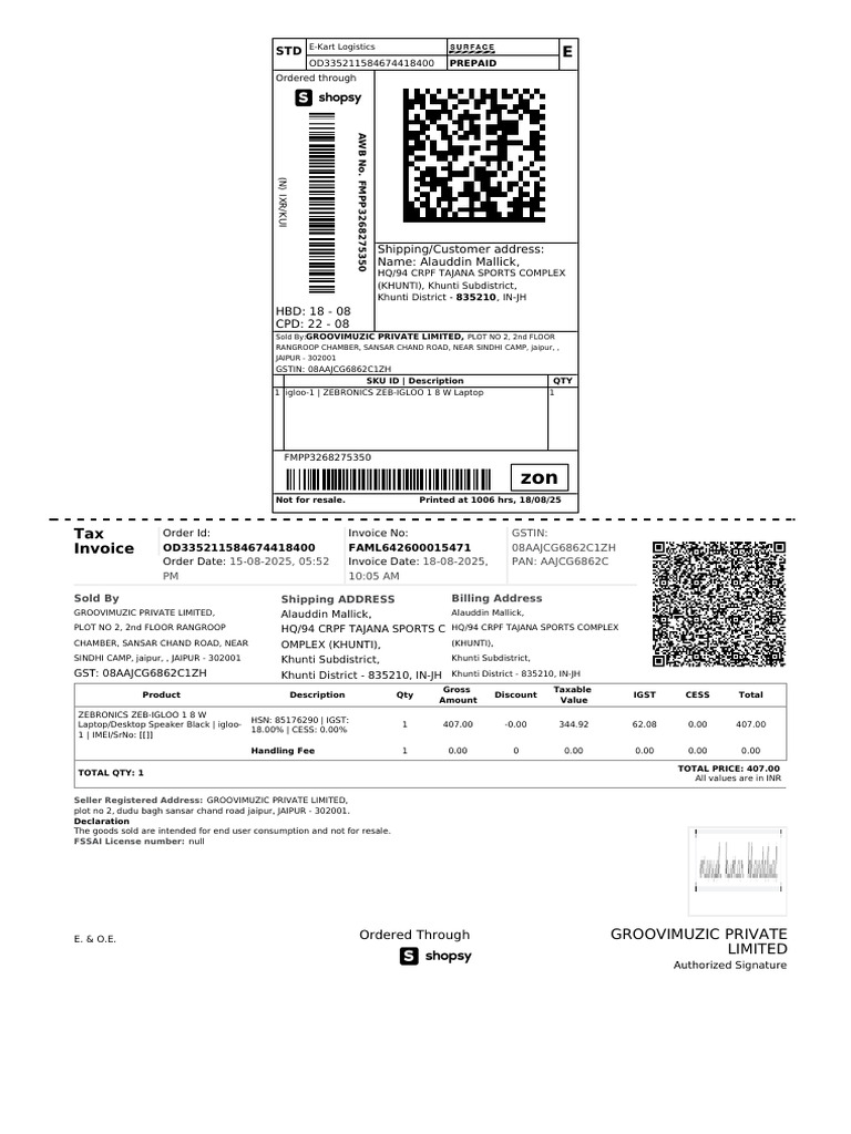 ZEBRONICS ZEB-IGLOO 1 Invoice Details | PDF | Invoice | Trade
