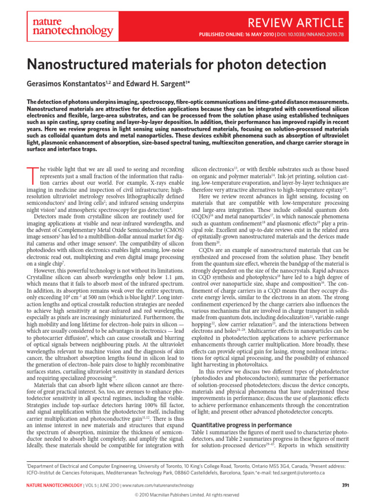 Nanostructured Materials For Photon Detection | PDF | Nanomaterials | Semiconductors