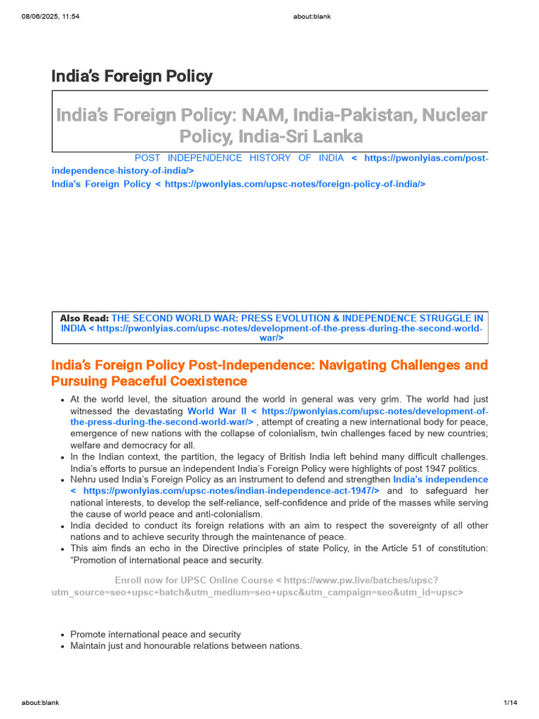 India’s Post-Independence Foreign Policy | PDF | Non Aligned Movement ...