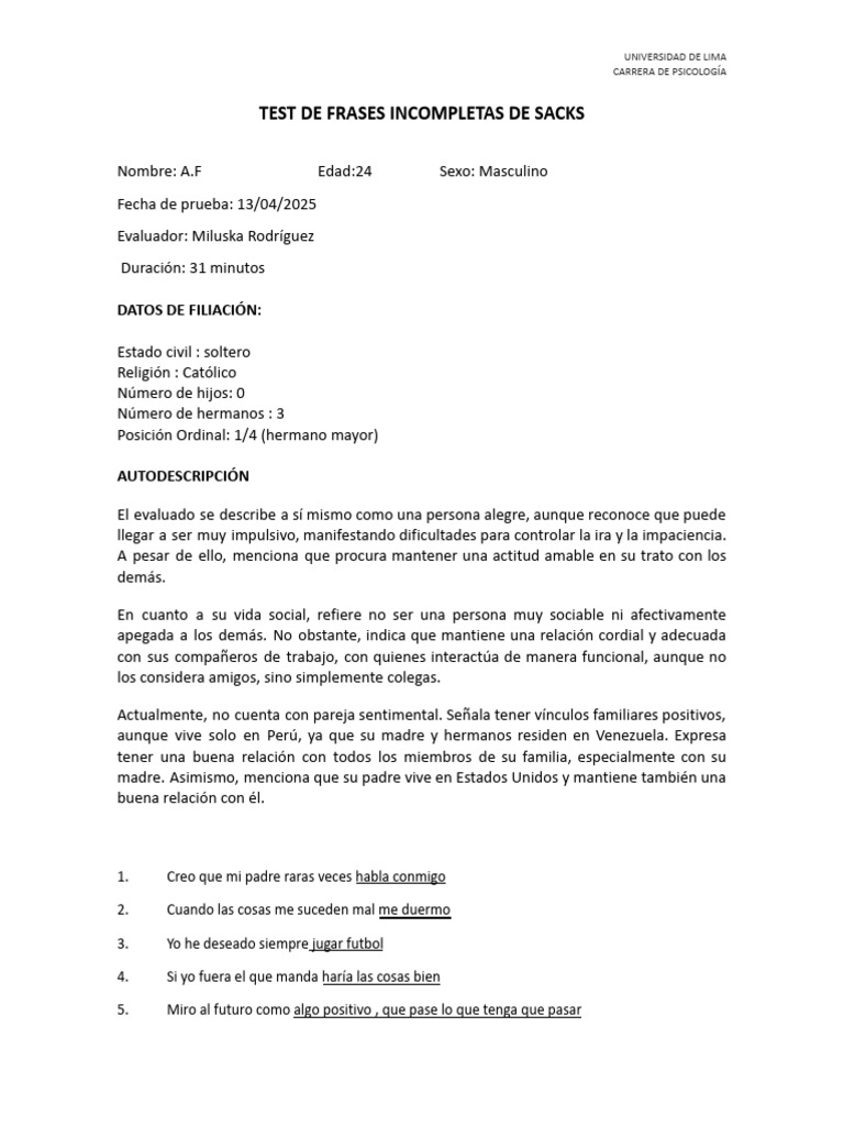 Análisis del Test de Sacks en Psicología | PDF | Las emociones | Autoestima