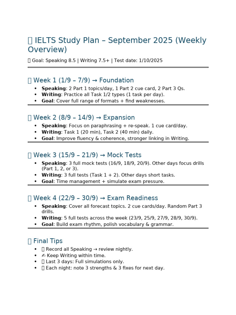 IELTS Study Plan: September 2025 | PDF