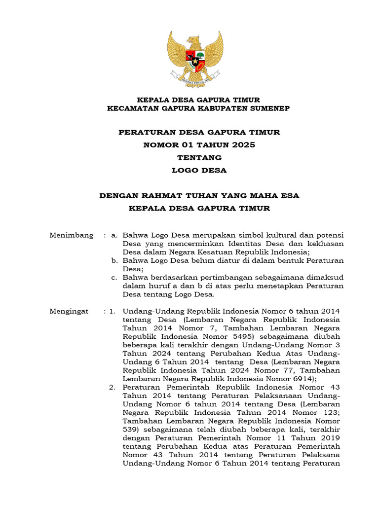 Peraturan Desa tentang Logo Gapura Timur | PDF