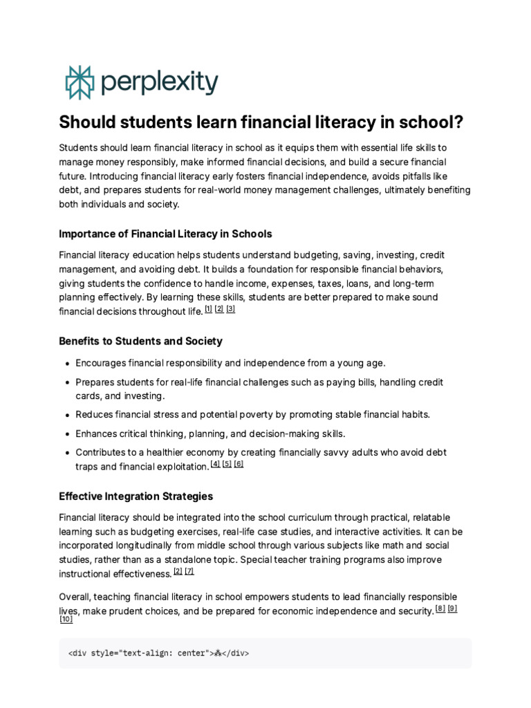 Should Students Learn Financial Literacy in School | PDF | Financial ...