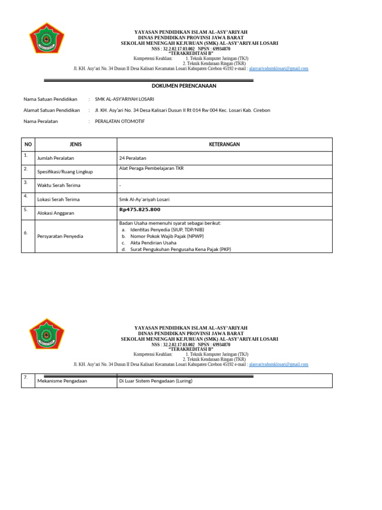 Dokumen Format Pengadaan Peralatan | PDF
