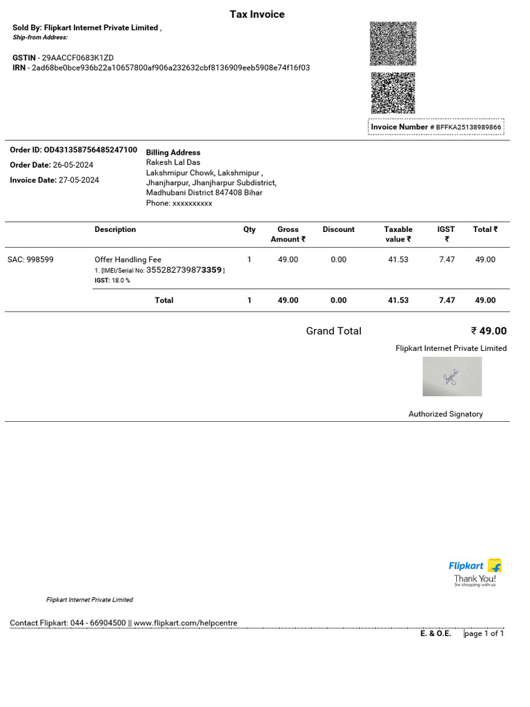 Flipkart Tax Invoice for Order OD431358756485247100 | PDF