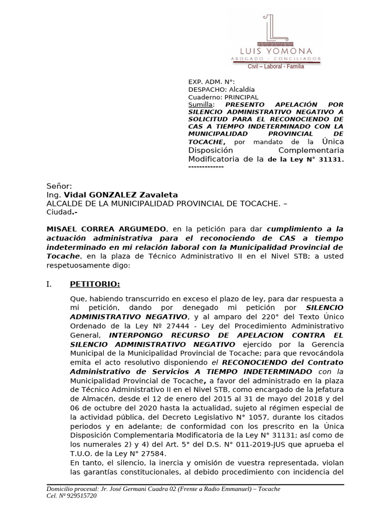 Apelacion Por Silencio Administrtaivo Negativo - Misael Correa Argumedo ...