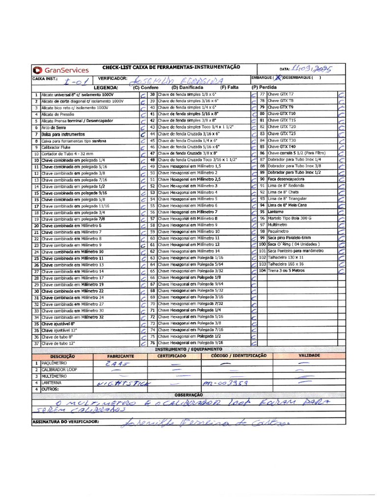 Check List Embarque Josenildo 11-09-25 | PDF