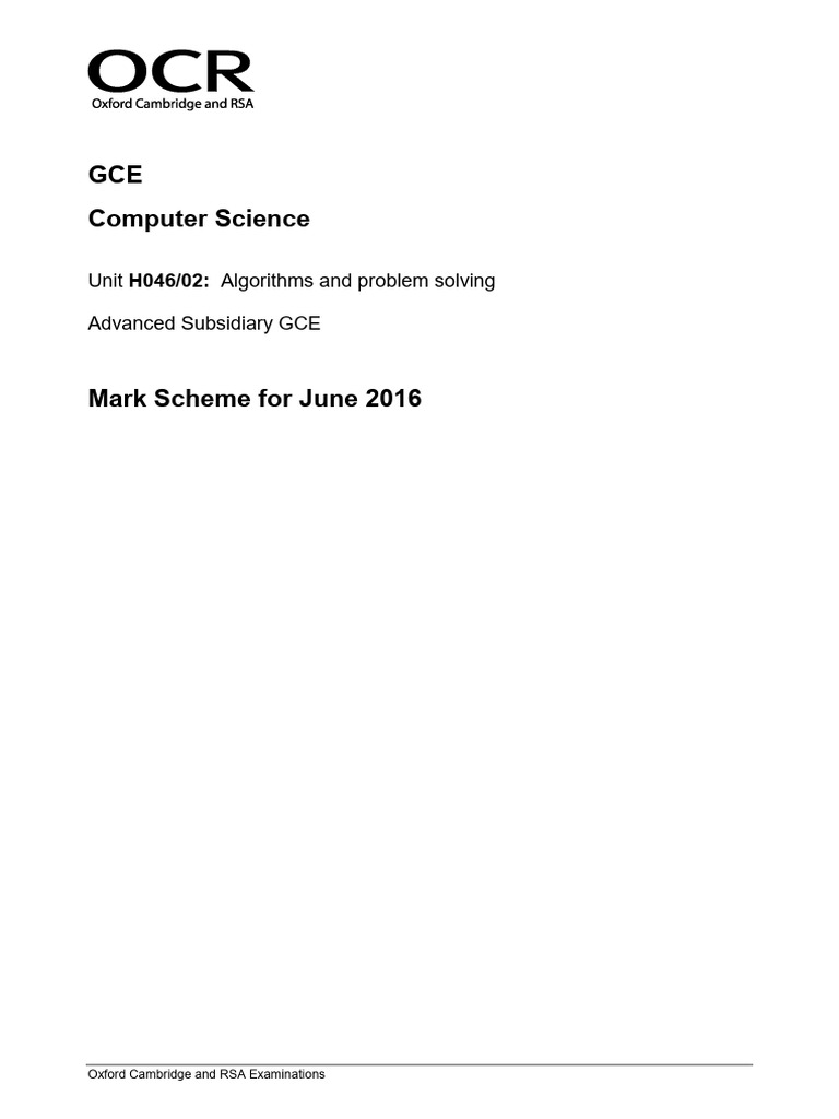GCE Computer Science Mark Scheme 2016 | PDF | Variable (Computer ...