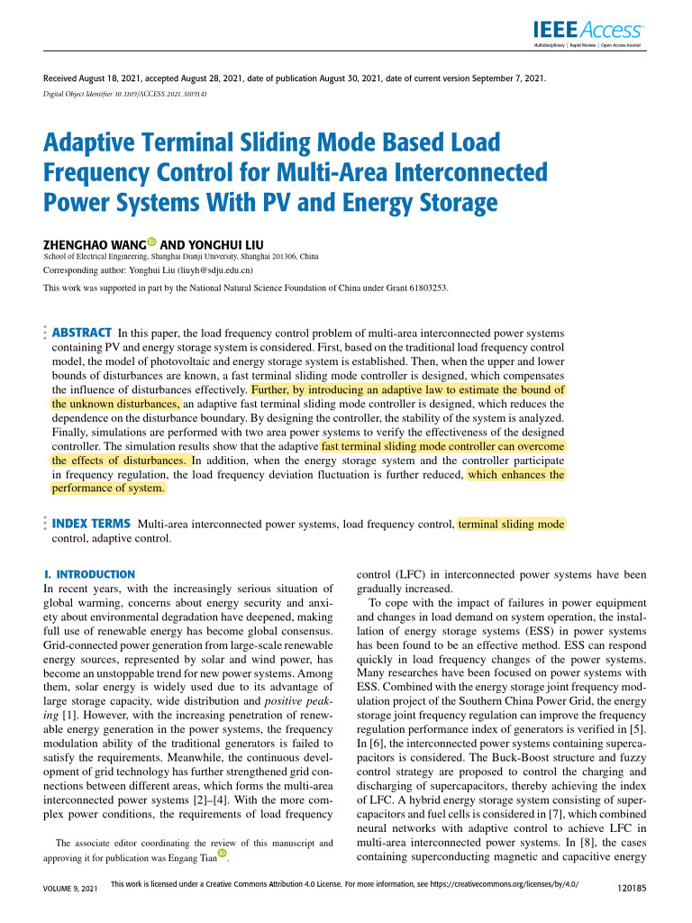 Adaptive Terminal Sliding Mode Based Load Frequency Control for Multi-Area Interconnected Power ...