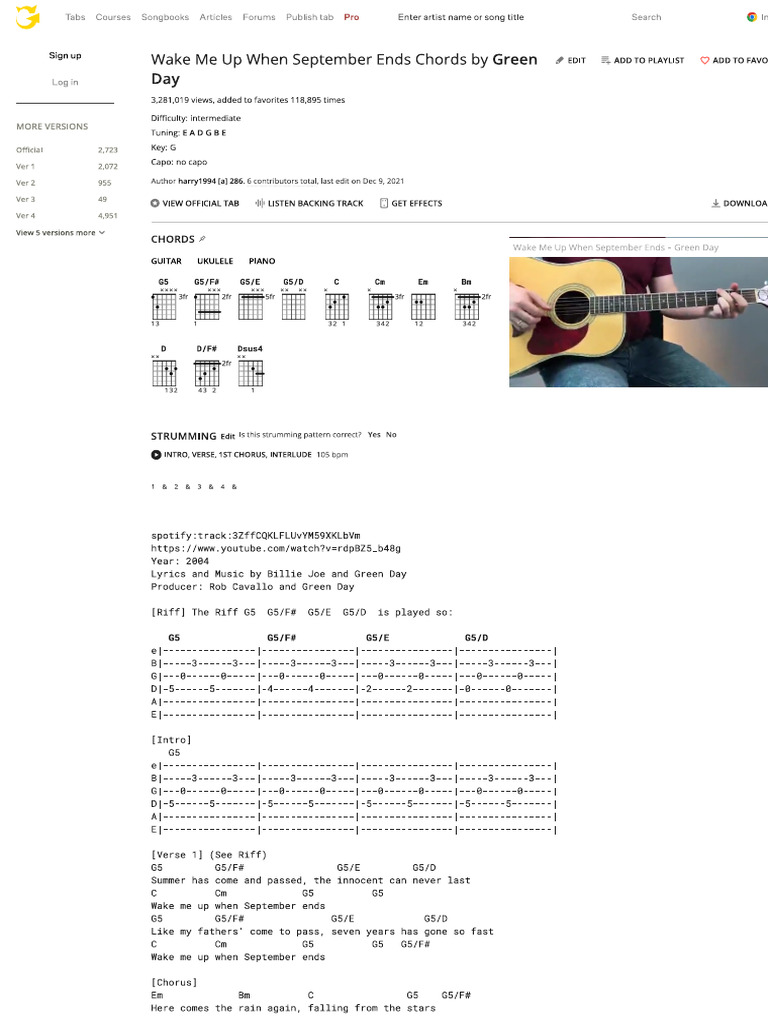 Wake Me Up When September Ends Chords (Ver 4) by Green Day at Ultimate ...