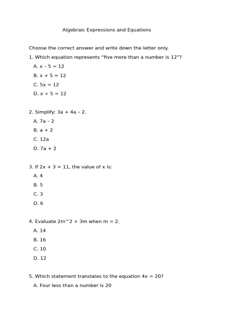 Algebraic Expressions Quiz and Solutions | PDF