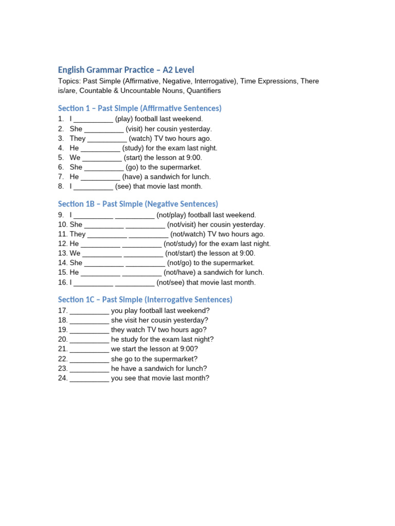 A2 English Grammar: Past Simple Practice | PDF