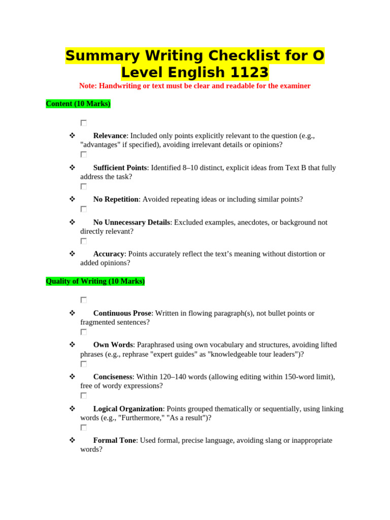 O Level 1123 Summary Writing Guide | PDF