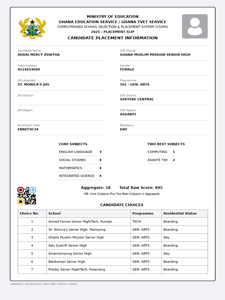2025 CSSPS Placement Slip for SHS | PDF | Ghana