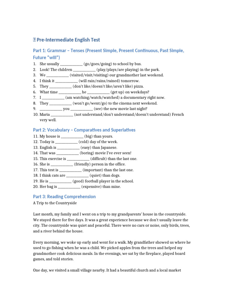 Pre-Intermediate English Test | PDF