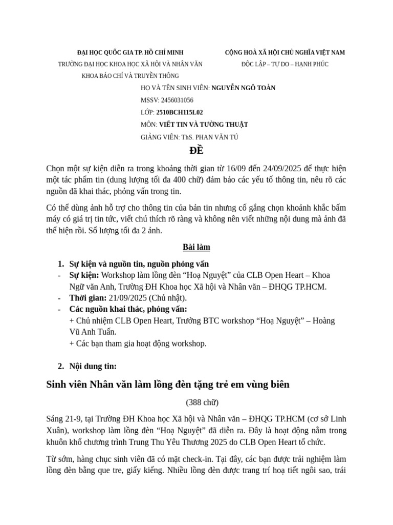 (23.9.2025) - Nguyễn Ngô Toàn - 2456031056 - Bài Tập Viết Tin | PDF