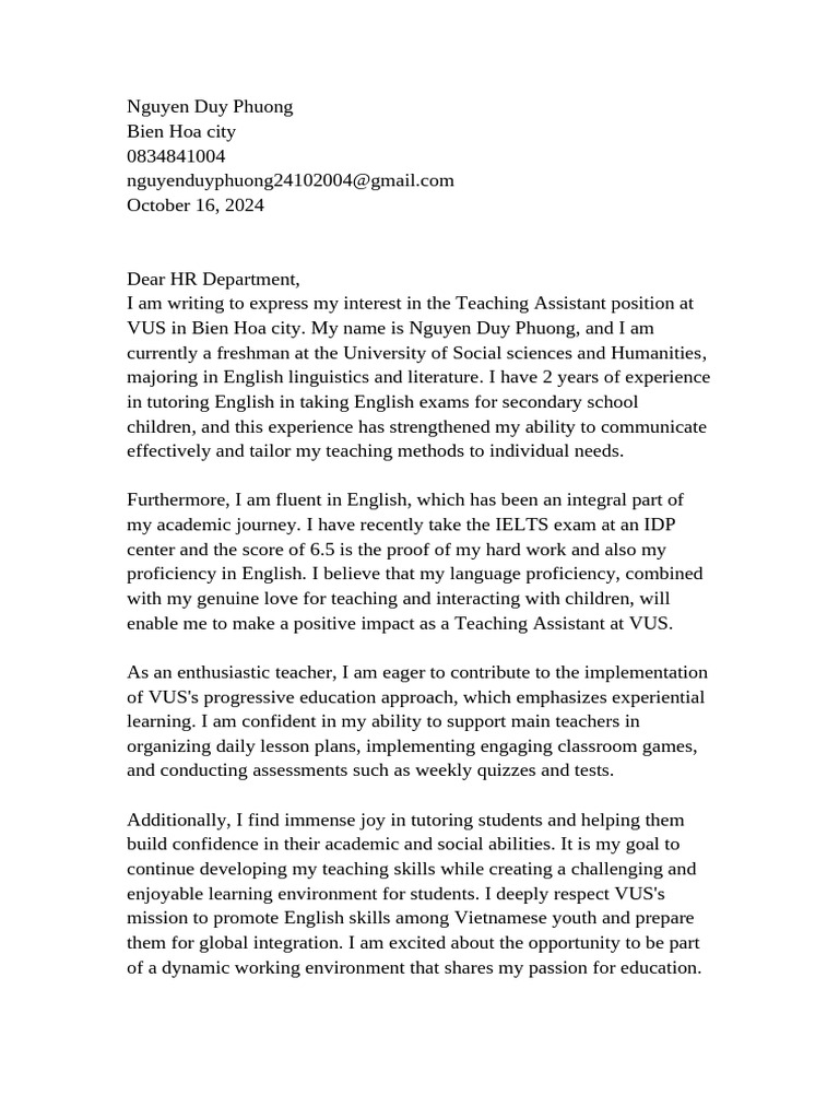 Application for Teaching Assistant at VUS | PDF