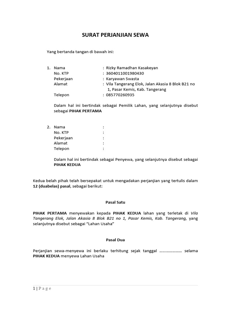 Surat Perjanjian Sewa | PDF