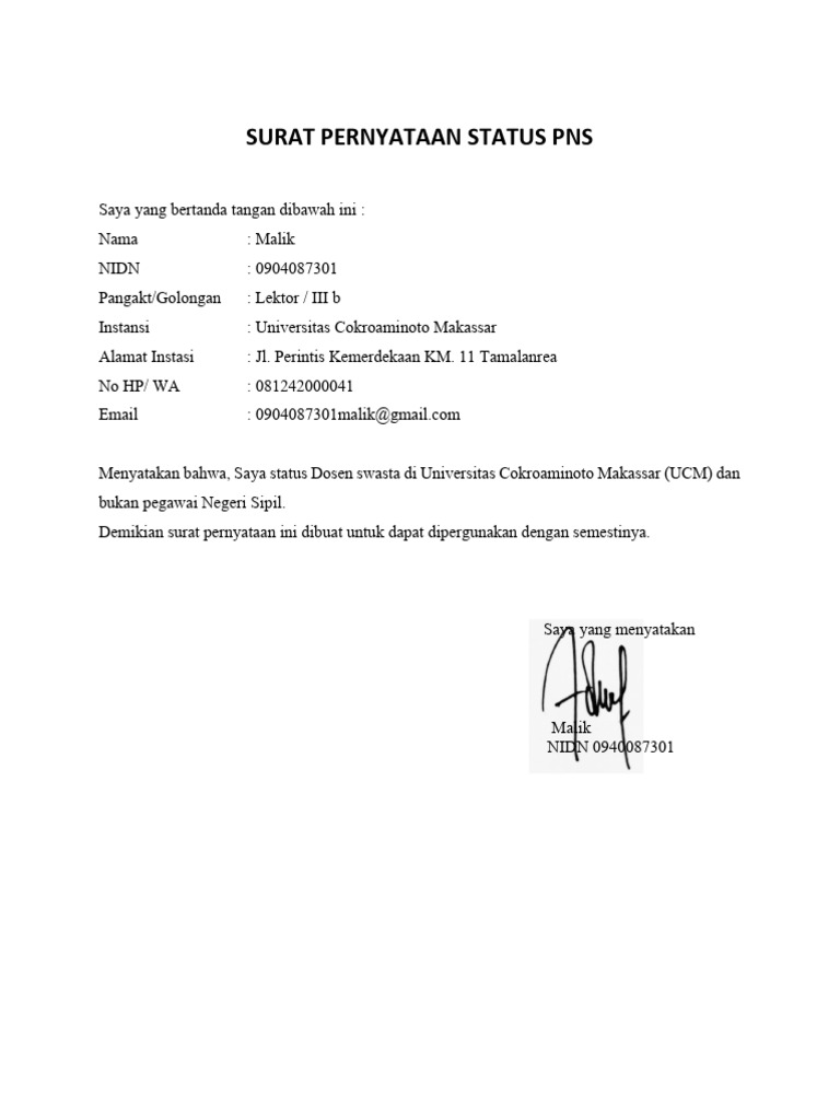 Surat Pernyataan Bukan PNS | PDF