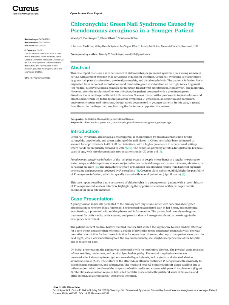 Chloronychia Green Nail Syndrome Caused by Pseudom | PDF | Pseudomonas ...