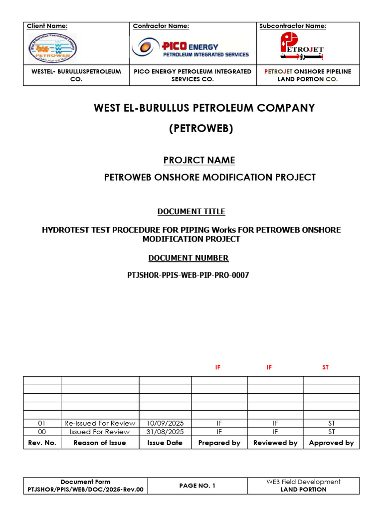 Hydrotest Procedure for Onshore Pipeline | PDF | Pipe (Fluid Conveyance ...
