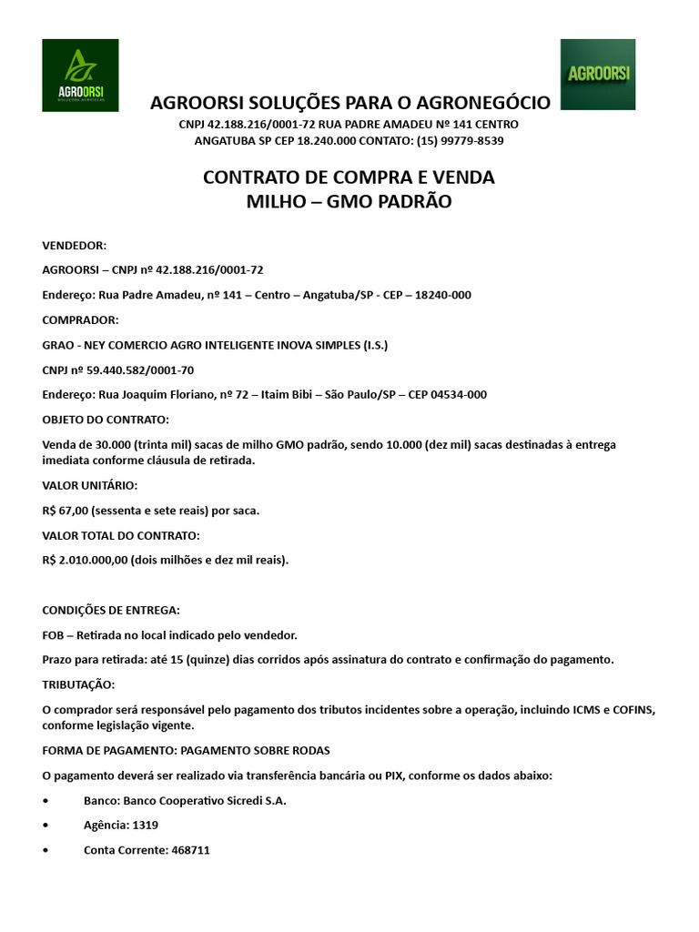 Contrato de Venda de Milho GMO 30.000 Sacas | PDF