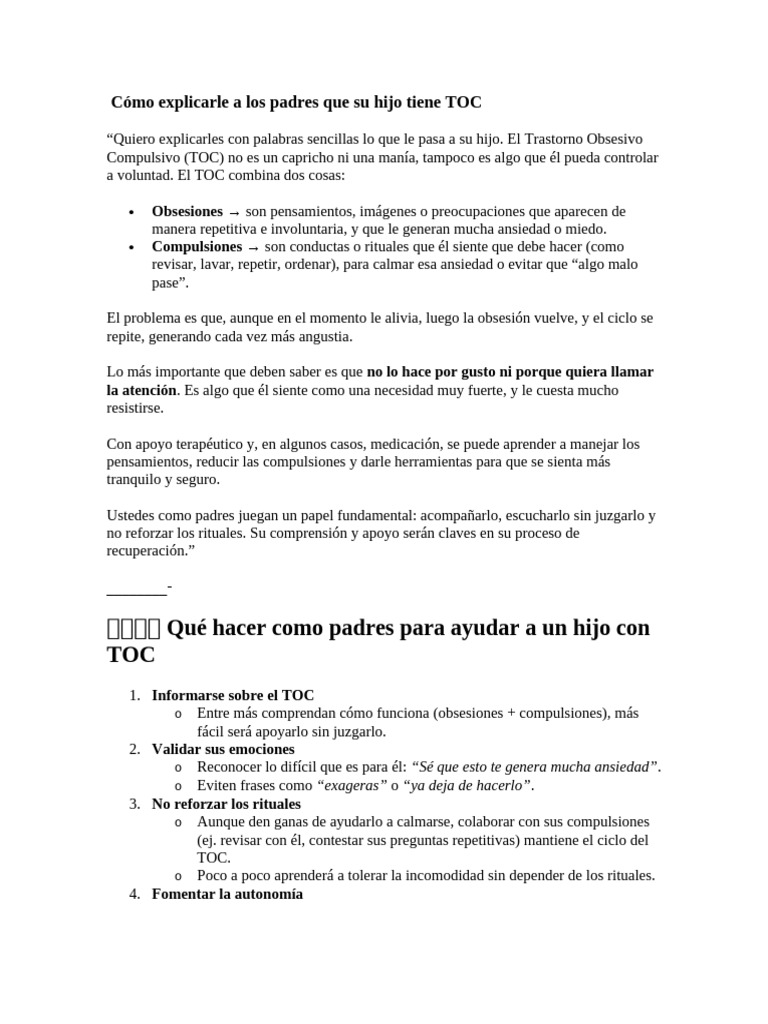 ?explicacion A Los Padres Sobre El TOC | PDF | Desorden obsesivo compulsivo | Psicología anormal