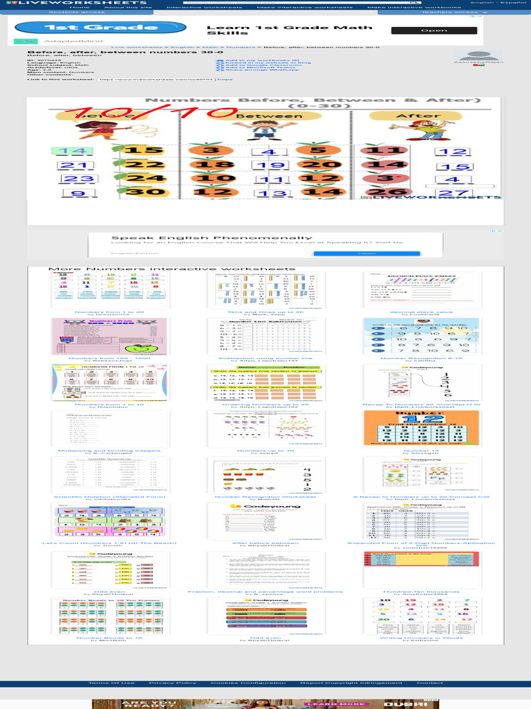 Before, After, Between Numbers 30-0 Worksheet | PDF | Numbers | Worksheet