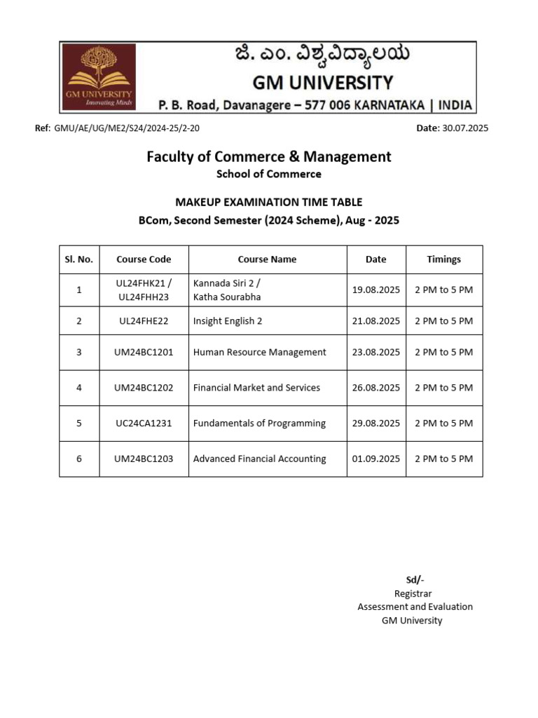 2nd Semester Makeup Exam Time Table - FCM (2024 Scheme), Aug 2025 | PDF | Educational Stages ...