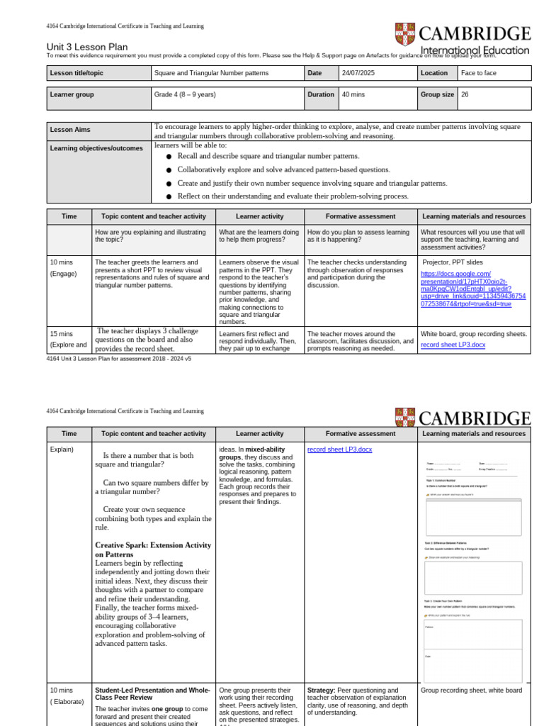 Grade 4 Lesson Plan: Number Patterns | PDF | Educational Assessment ...