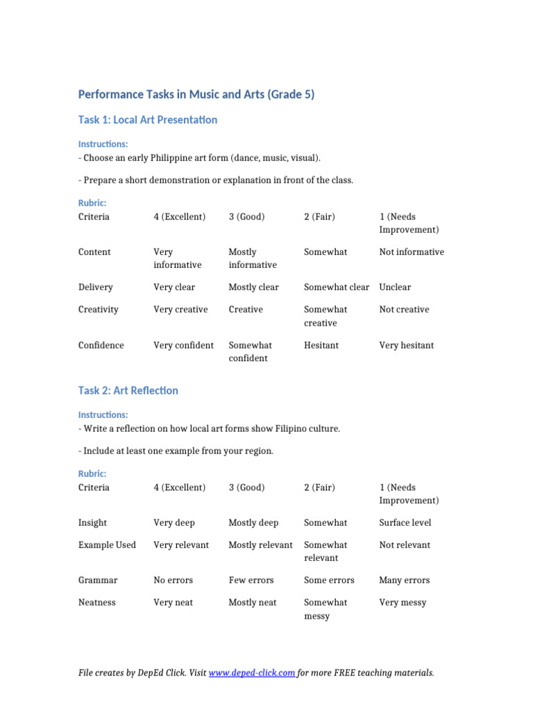 Grade 5 Music and Arts Tasks | PDF
